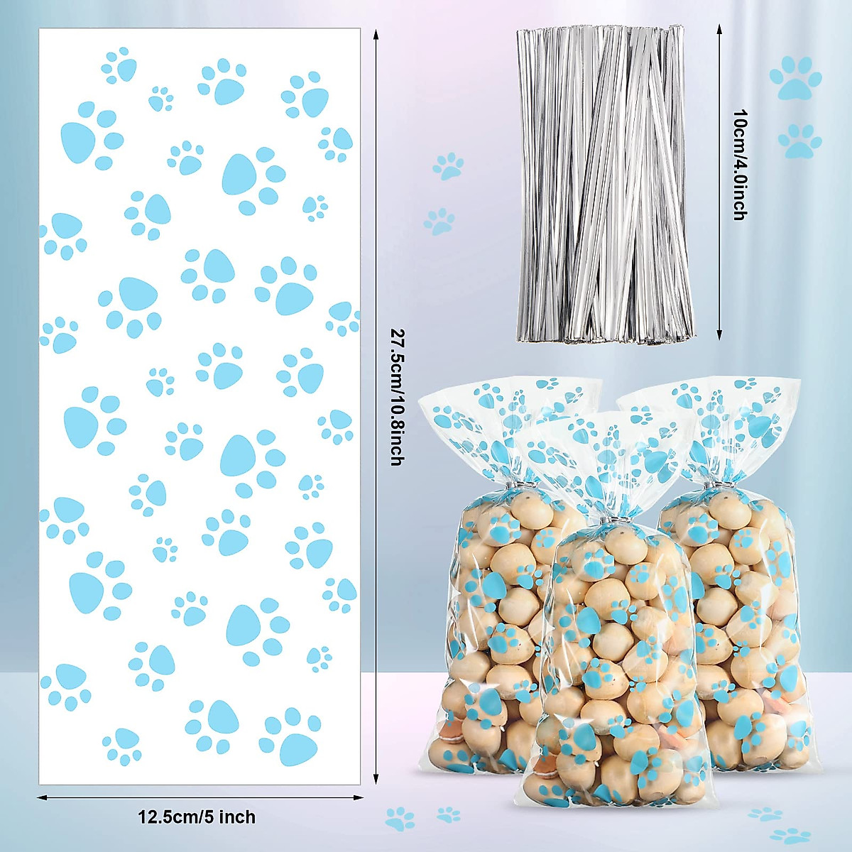 200 Pieces Pet Paw Print Cellophane Bags Dog Party Favor Bags Heat Sealable Treat Bags Dog Paw Gift Bags Cat Candy Bags with 200 Pieces Silver Twist Ties for Pet Treat Party Favor (Blue)