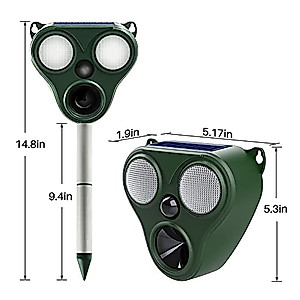 Jahy2Tech Solar Ultrasonic Animal Repeller,PIR Sensor with Trigger Alarms and Flashes for Rat, Dog, Cat, Squirrel, Raccoon, Skunk, Rabbit, Mole, Snake, Deer Sensor Repellent, Waterproof
