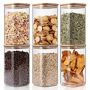 Glass Storage Jars 6 Pack -50oz (10cmx20cm)Clear Glass Food Storage Containers with Airtight Bamboo Lid Stackable Kitchen Canisters for Candy,Cookie,Rice,Sugar,Flour,Pasta,Nuts and Spice Jars(Square)