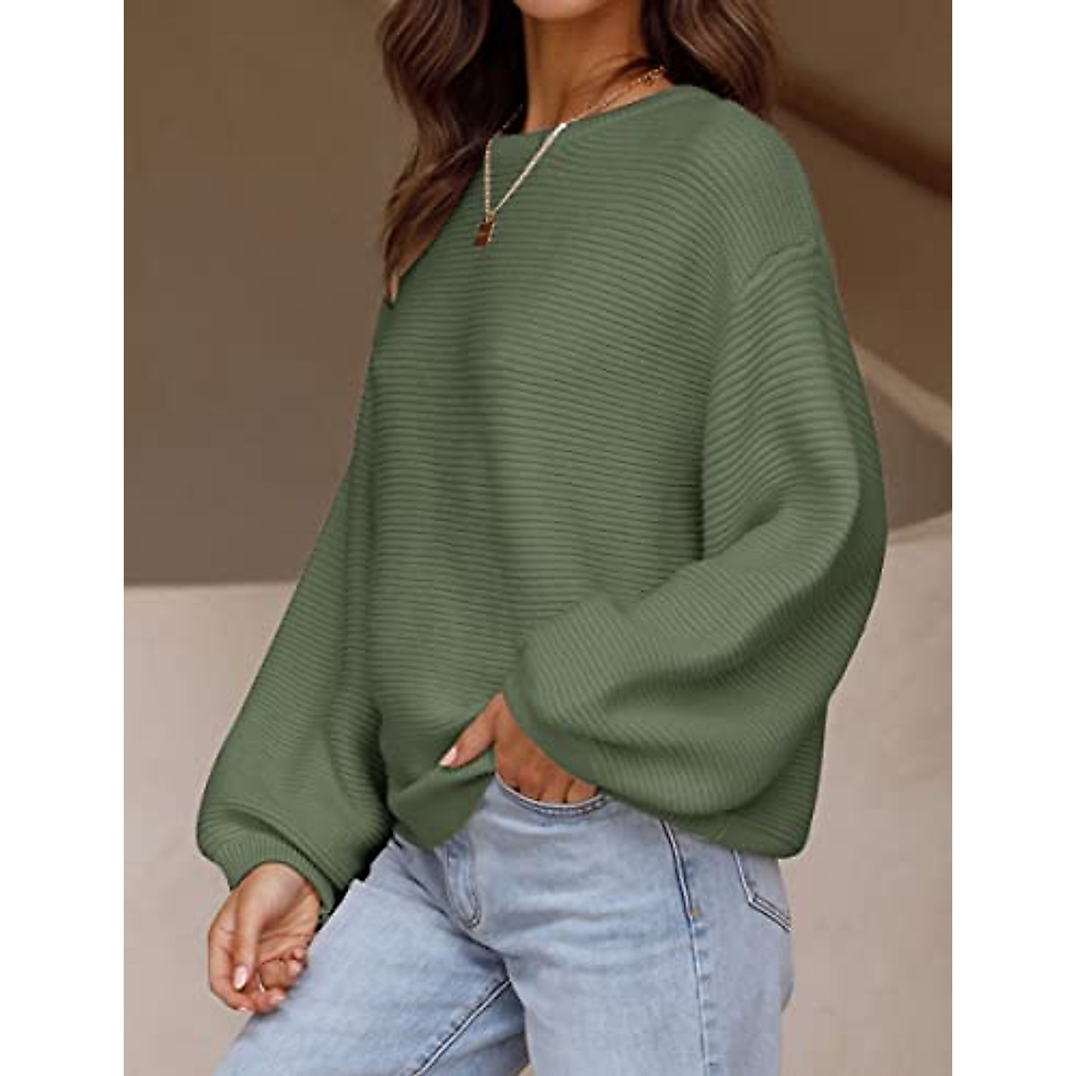 ZESICA Women's 2023 Crew Neck Long Lantern Sleeve Casual Loose Ribbed Knit Solid Soft Pullover Sweater Tops,ArmyGreen,Medium