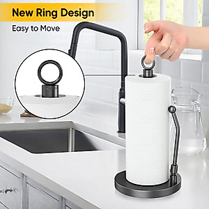 Paper Towel Holder Stainless Steel - One Hand Tear Paper Towel Dispenser Standing Weighted Base Non Slip, Spring Arm, Stainless Steel Paper Towel fits in Kitchen Bathroom Countertop Black