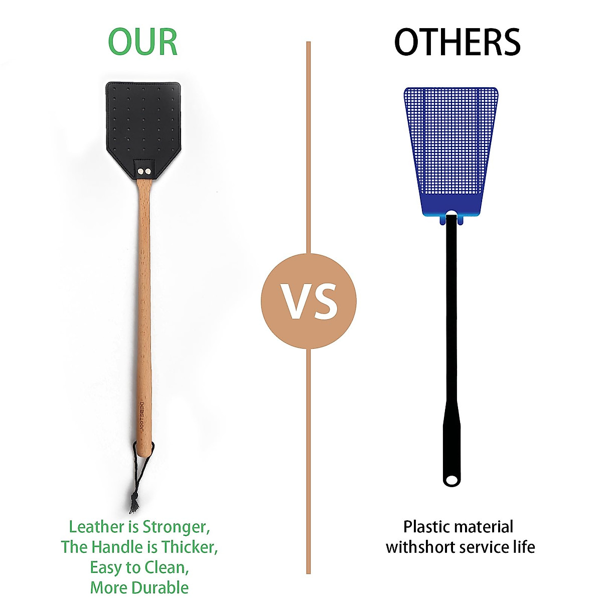 DEBETOOL 2 Pack Sturdy Leather Fly Swatter for Indoors - (19.7”)Long Handle Heavy Duty Wood Fly Swatter With Hanging Rope, Durable Fly Swatter for Outdoor Rustic Bug Swatter Flies,Mosquitoes And Bees