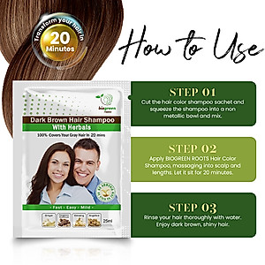 BIOGREEN ROOTS Ammonia-Free Herbal Hair Shampoo - Effectively Covers Gray Hair for Men and Women - Natural Color and Herbal Nourishment - No Stain on Skin - Dark Brown (10 sachets x 25 ml)