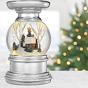 Haute Decor Snowburst 7 Inch Tall Log Cabin Christmas Snow Globe with Candle Holder and Built-in Timer, Warm White LED’s and Pulsing Snow Swirls for Pillar Candles