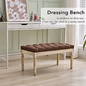 LOULENS French Vintage Bench, Linen Fabric Entryway Bench, Upholstered Tufted End of Bed Bench with Brushed Wood Legs, Brown