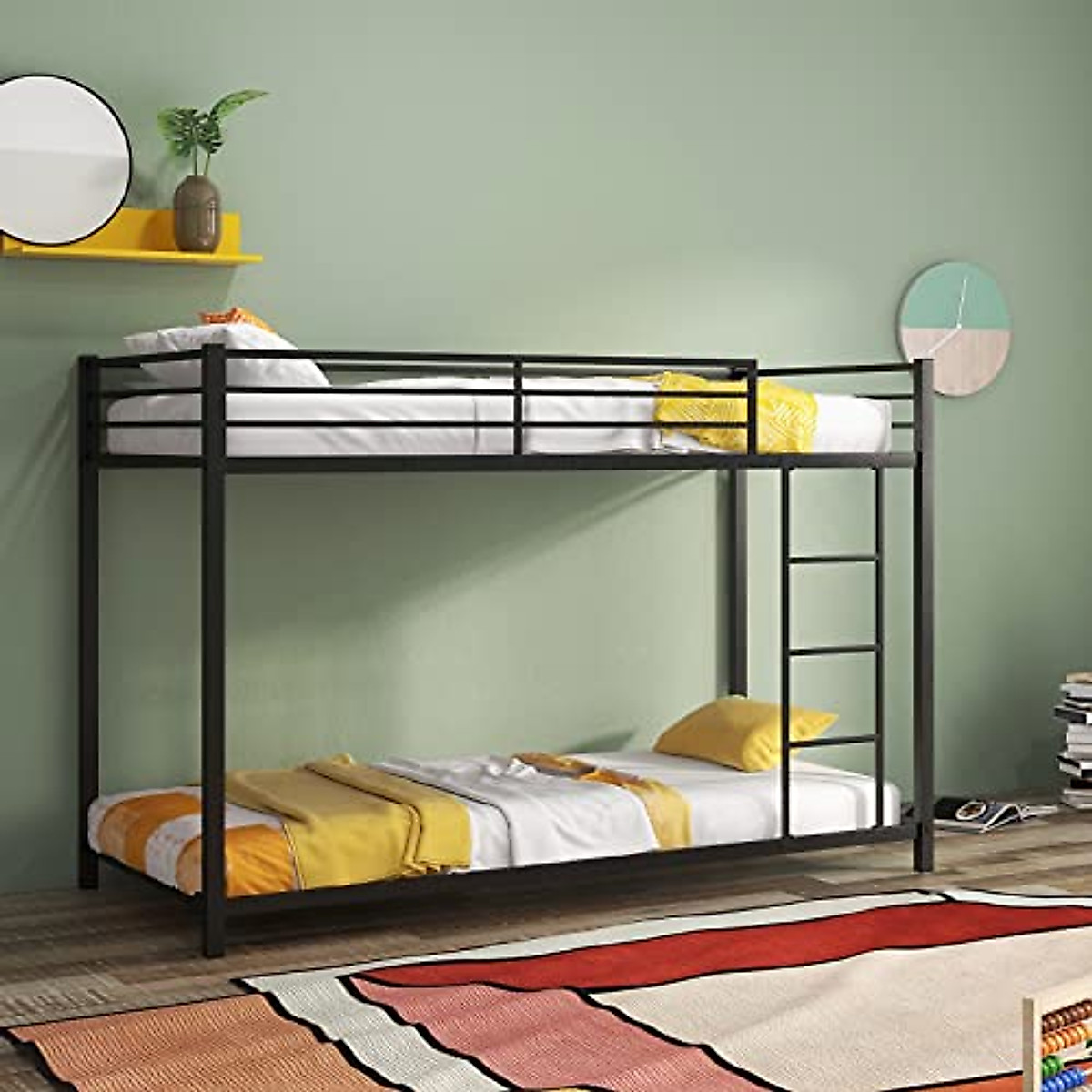 KOMFOTT Metal Low Bunk Bed Twin Over Twin, Heavy Duty Bunk Bed Frame with Ladder & Full-Length Guardrails, Metal Slatted Floor Bed Frame for Teens & Adults, No Box Spring Needed (Black)