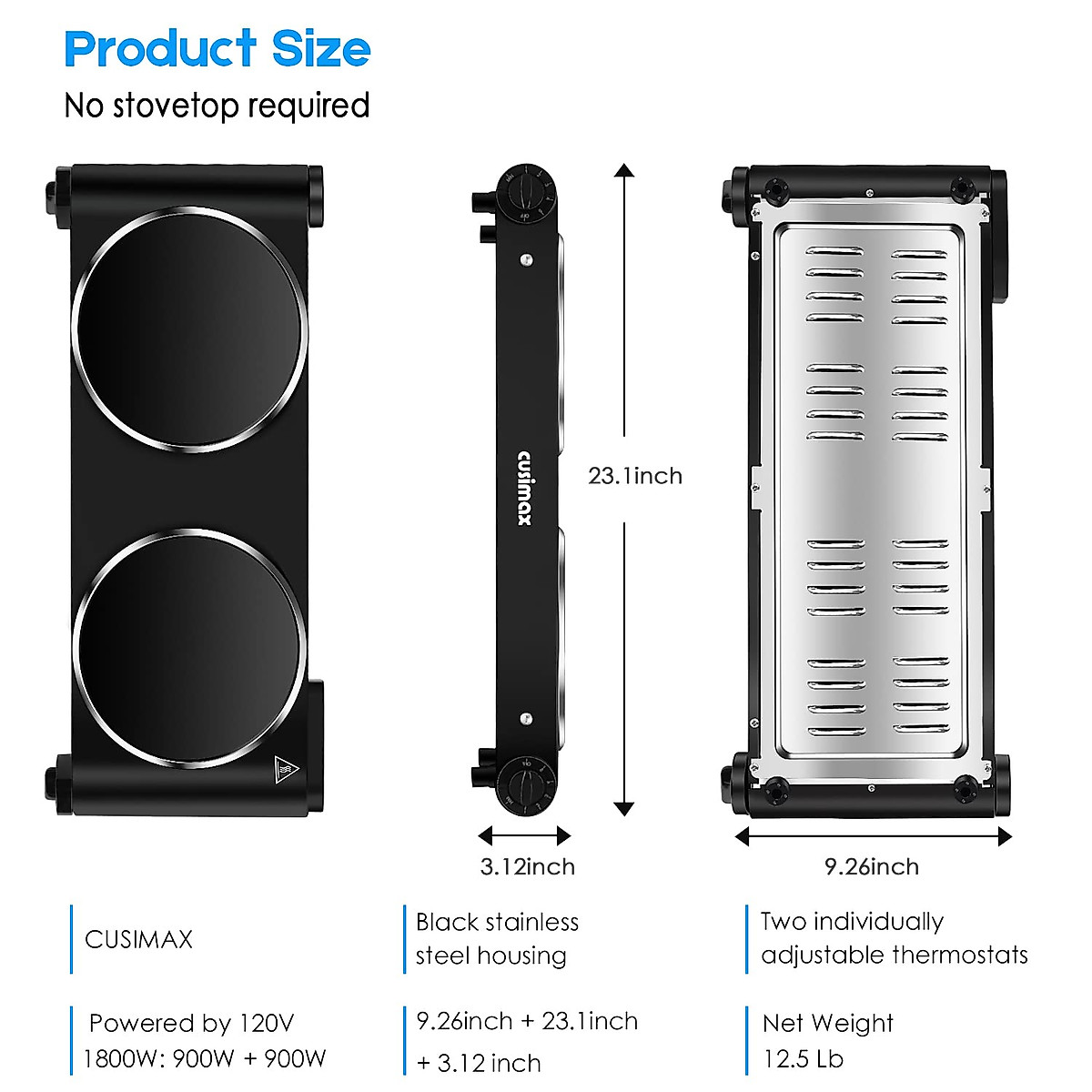 Cusimax Electric Stove, 1800W Infrared Hot Plate, 7 Inch Ceramic Glass Portable Double Burner Cooktop for Dorm Office Home Camp, Compatible w/All Cookware, Heat-up In Seconds-Upgraded Version