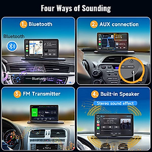 Spedal Wireless Apple Carplay & Android Auto, Portable 7 Inch IPS Touchscreen Car Stereo with Front Camera, Bluetooth Handsfree, WiFi, AirPlay, AUX/FM Transmitter Supports Most Car Models