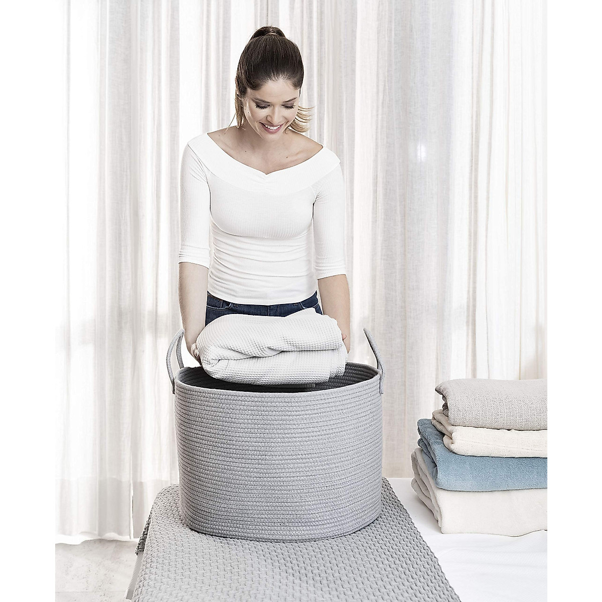 OrganiHaus Gray Extra Large Blanket Basket for Living Room 20x13 | Large Woven Baskets for Storage | Baby Laundry Basket | Soft Cotton Rope Basket with Handles | Baby Toy Baskets Storage for Kids