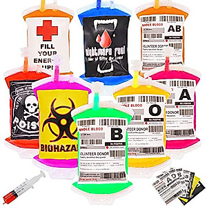 Blood Bag Drink Pouches; 12 FL Oz IV Bags with Labels and Clips for Halloween Vampire, Zombie, Nurse Graduation, Hospital Theme Party Favors, Props Decor