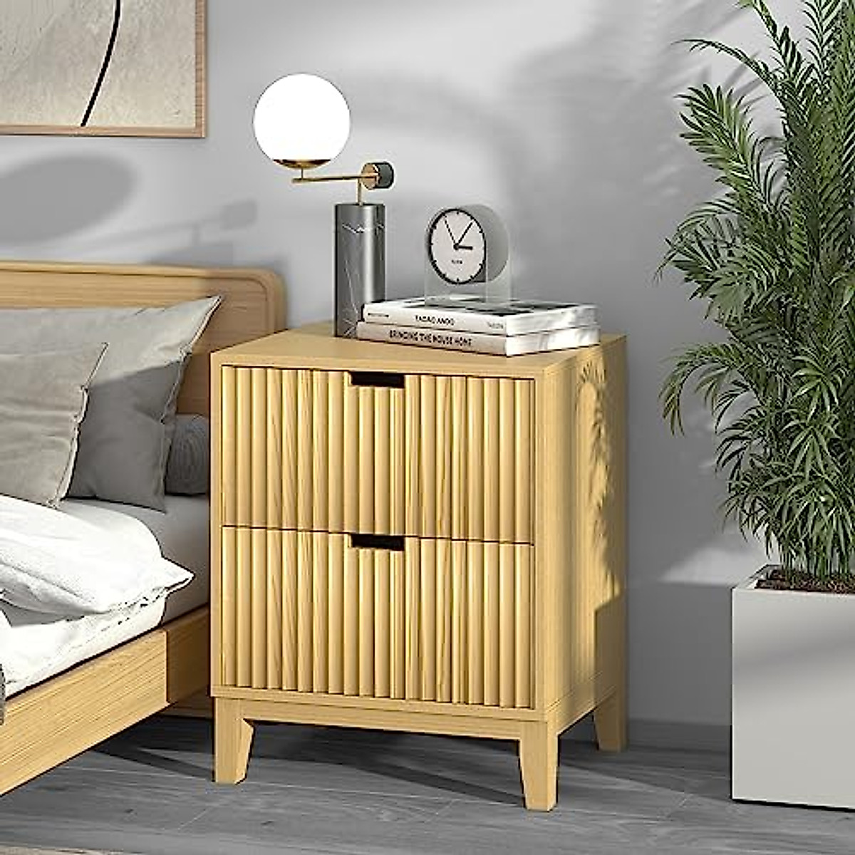 WiberWi Nightstand, Side Table, Farmhouse End Table with 2 Drawers and Open Storage, Bedside Table for Bedroom, Living Room and Small Spaces, Night Stand with Solid Wood Legs, Natural