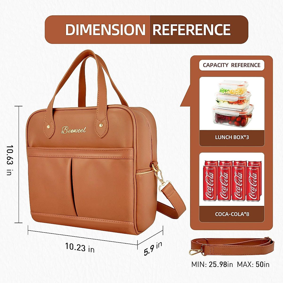 BEEWEEL Lunch Bag for Wome,PU Leather Lunch Tote Bag with Adjustable Shoulder Strap, Large Capacity, Insulated Lunch Bags for Work, Picnic, Camping -Brown