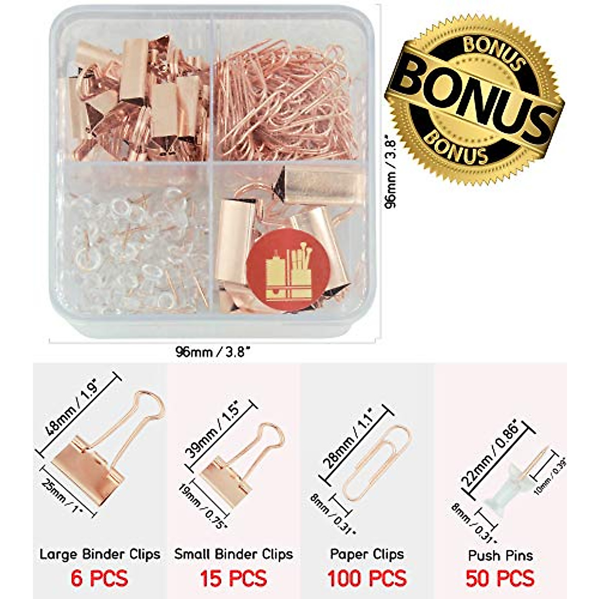 OFFICE ALMIGHTY Rose Gold Desk Organizer for Women: Exclusive Large 6 in 1 Mesh Metal Supplies Organizer with Pen Holders, Folder Holder & Accessories Drawer + BONUS 171 Clips Set w/ a Plastic Box