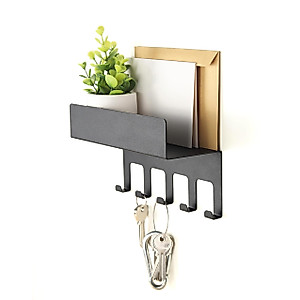 Black Metal Key Holder Wall Mount with Mail Holder - Key Holder for Wall, Key Rack, Mail Organizer Wall Mounted, Command Shelf, Key Organizer, Key Hanger, Key and Mail Holder for Wall