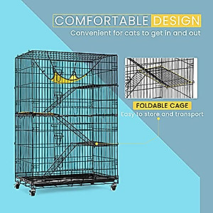 VIVOHOME 4-Tier 49 Inch Collapsible Metal Cat Kitten Ferret Cage 360° Rotating Casters Enclosure Pet Playpen with Ramp Ladders Hammock and Bed Black