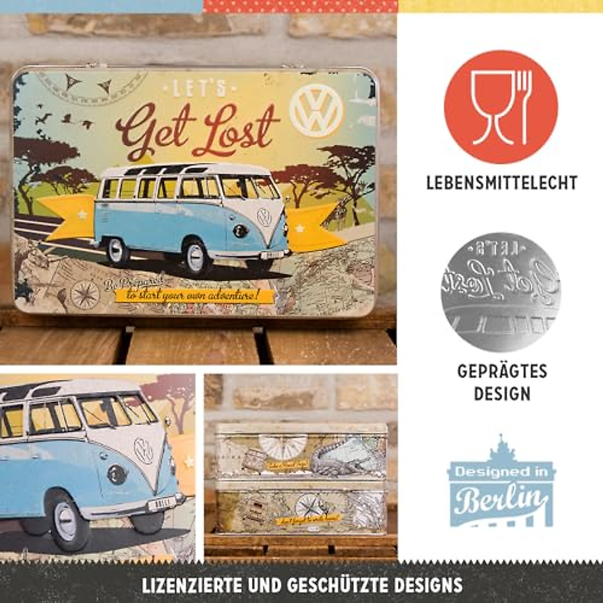 Nostalgic-Art Retro Storage Tin Box Flat, 84.5 oz, VW Bulli – Let's Get Lost – Volkswagen Bus Gift idea, Metal Can with Lid, Decorative vintage design