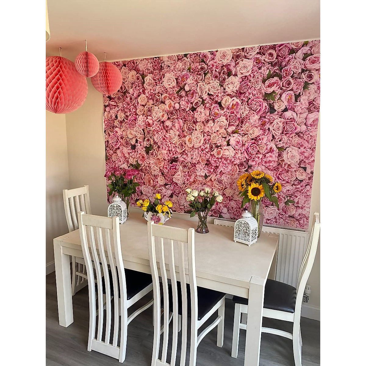 BINQOO 7x5ft Pink Rose Wall Background Mother Day Pink Flowers Backdrops Spring Tea Party Flowers Backdrop Girls Birthday Pink Princess Weeding Bridal Shower Pink Floral Anniversary Ceremony Decor