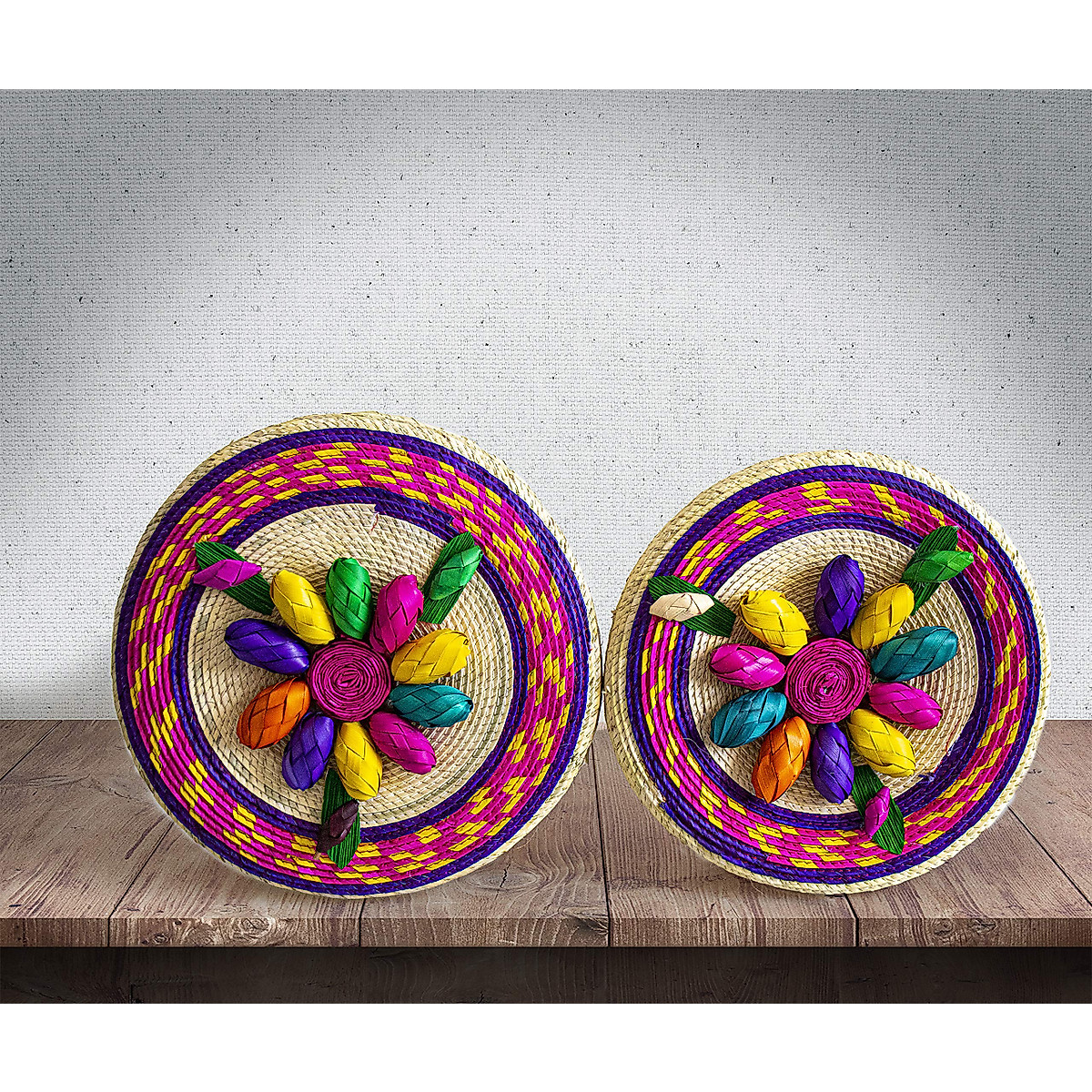 2-Pack Genuine Mexican Handwoven Tortilla Basket, Fiesta Mexican Tortilla Warmer, Tortilla Holder, Tortillero, Palm Straw Baskets Handmade in Mexico, Mexican Bowls (1, Floresita)