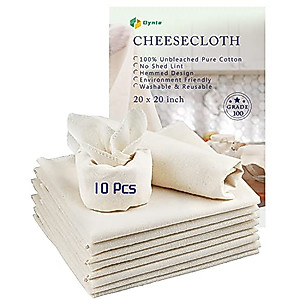 Grade 100 Hemmed Cheesecloth, 10 Pieces 100% Unbleached Cotton 20 x 20 Inches Cheese Cloths, Perfect for Straining, Filtering, Canning, Crafting, Covering and Polishing