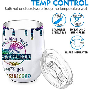 ATHAND Mamasaurus 12 OZ Insulated Wine Tumbler Cup with Lid -Gifts for Mom - Stainless Steel Coffee Mug Stemless Cup- Funny Birthday Gifts Idea for Women (White)