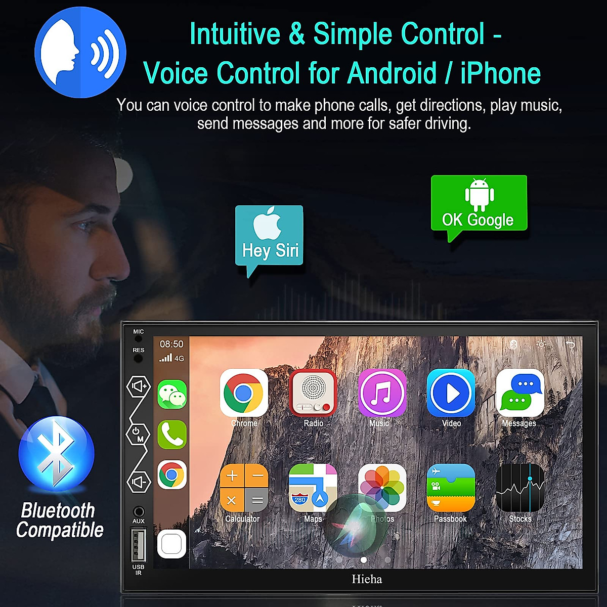 7 Inch Double Din Car Stereo System Compatible with Apple Car Play and Android Auto, Touch Screen Car Radio with Voice Control, Bluetooth 5.2, Subwoofer, A-Link, Backup Camera, FM/AM