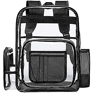 F-color Clear Backpack, Large Heavy Duty Sturdy Waterproof PVC Transparent Clear Bag for Men, Women, Boys, Girls, Stadium, School, Travel, Black