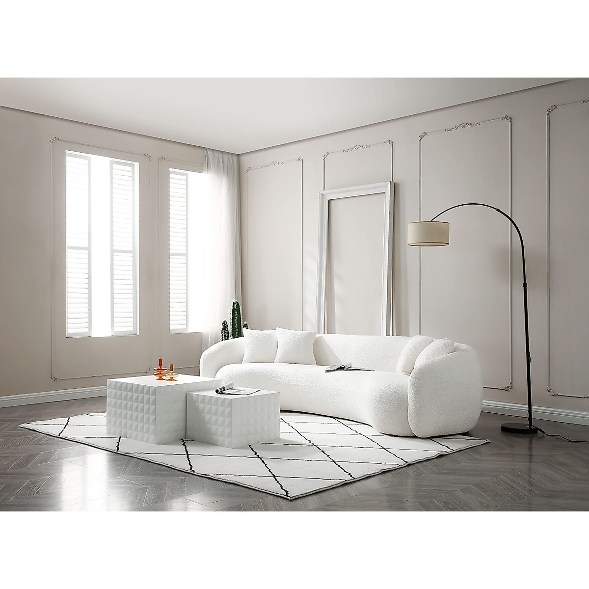 JUSTONE 101" Mid Century Modern Curved Living Room Sofa, 4-Seat Boucle Fabric Couch for Bedroom, Office, Apartment