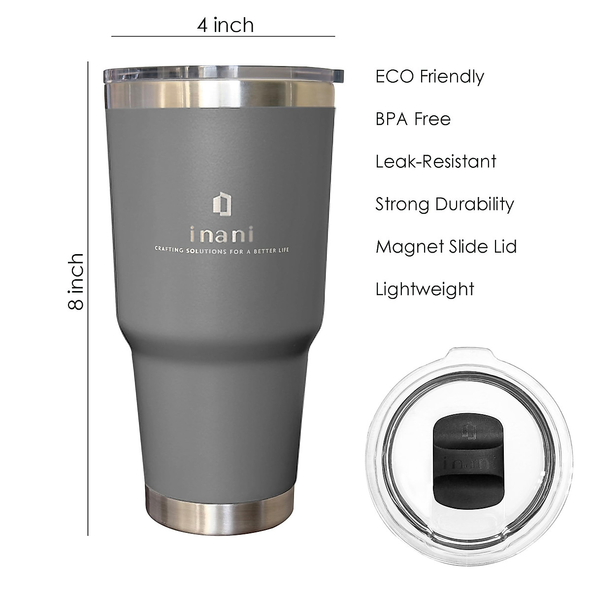 inani 30oz Stainless Steel Tumbler, Insulated Travel Coffee Cup, Leak-Resistant, Spill-Proof Lid, Dishwasher Safe, BPA-Free, Double-Wall Insulated Premium Travel Mug For Hot Or Iced Coffee, Gray