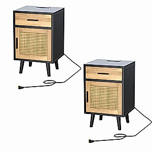 Irontar Rattan Nightstand Set of 2, Nightstand with Charging Station, Beside Table with Drawer and USB Ports, Farmhouse Side Table with Door, Night Stand for Bedroom, Black and Natural BZZ005ME02