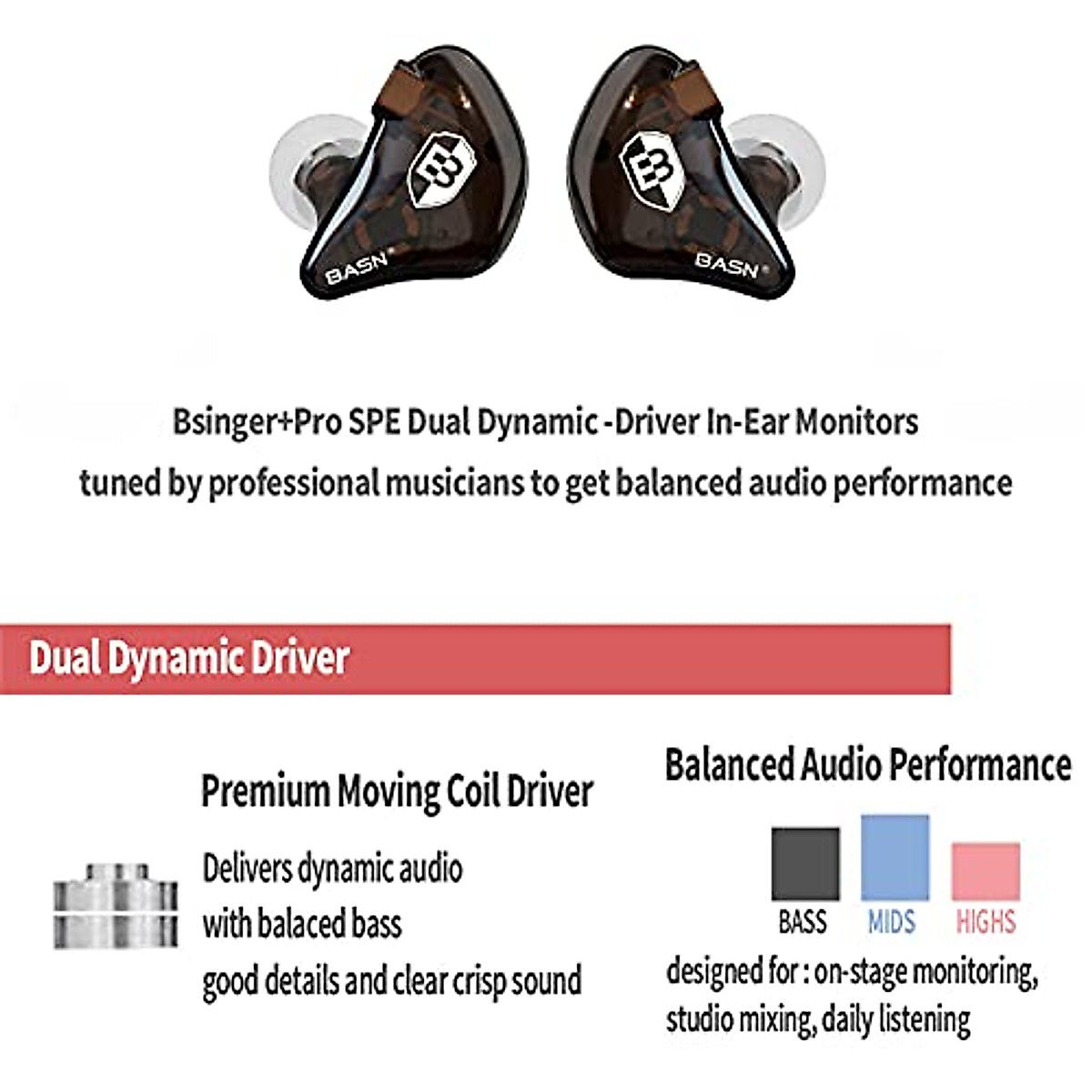 BASN Bsinger in Ear Monitor Headphones for Musician, Dual Dynamic Drivers Noise Isolating Earbuds with MMCX Inline Remote Mic Cable and Silver Plated Audio Cable (SPM-Brown)