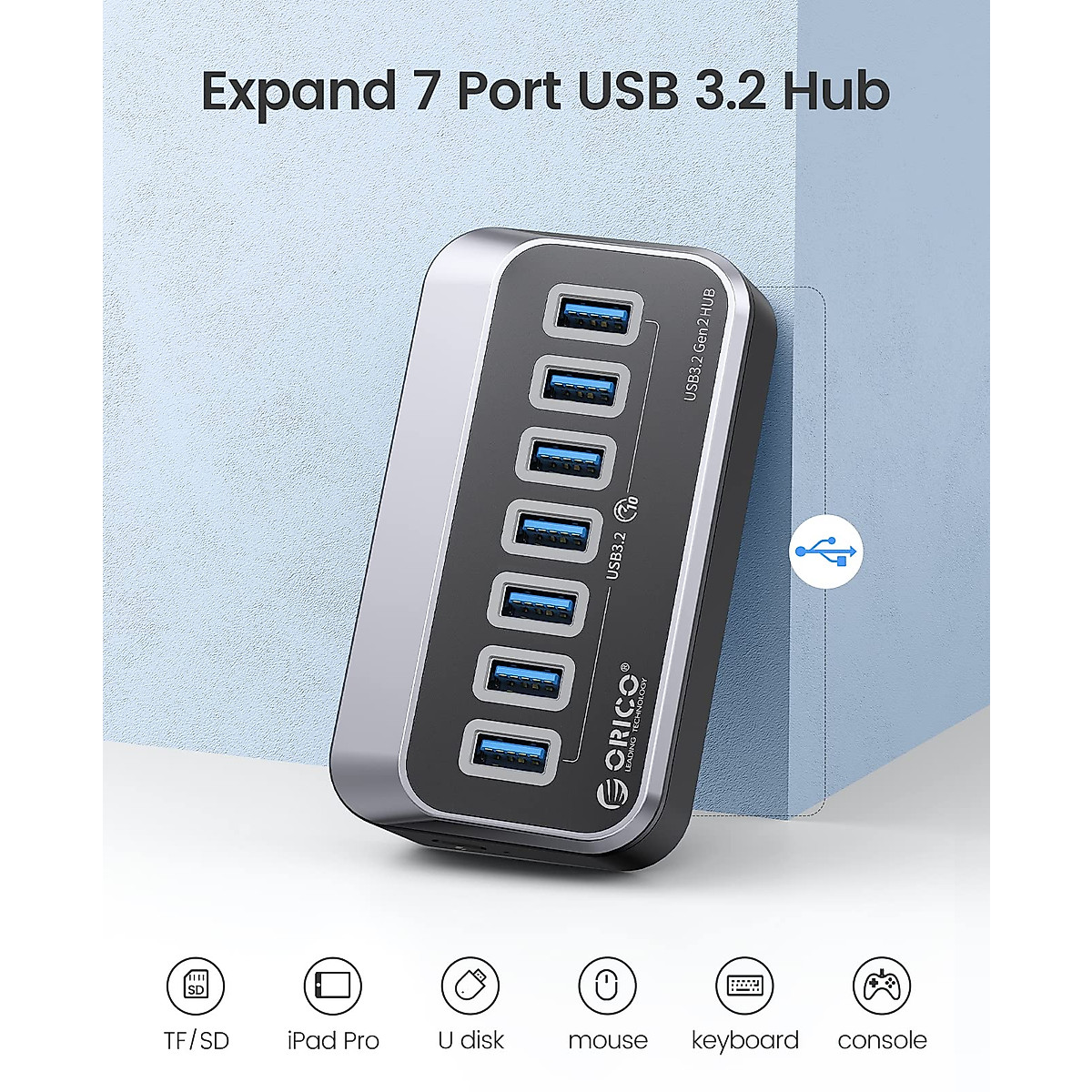 ORICO USB Hub 10Gbps with 7 USB A Ports, USB 3.2 Gen 2 Hub with 1.64Ft USB-C Cable and USB-A Adapter USB Splitter for iMac, All MacBooks, Mac Mini-Plastic Version