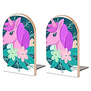 Pack of 2 Bookend Unicorn Flower Leaf Non-Slip Book Stand Wooden Bookshelf Books Holder for Home Desk Office Library