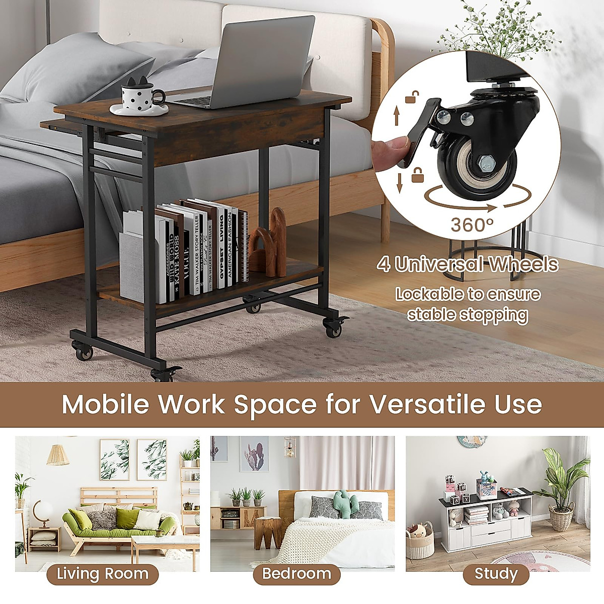 Giantex Rolling Computer Desk, Mobile Desk with Keyboard Tray, Portable Laptop PC Desk Cart with Shelf & Hooks, Small Desk with Wheels for Small Spaces, Bedroom, Apartment, Home Office Desk