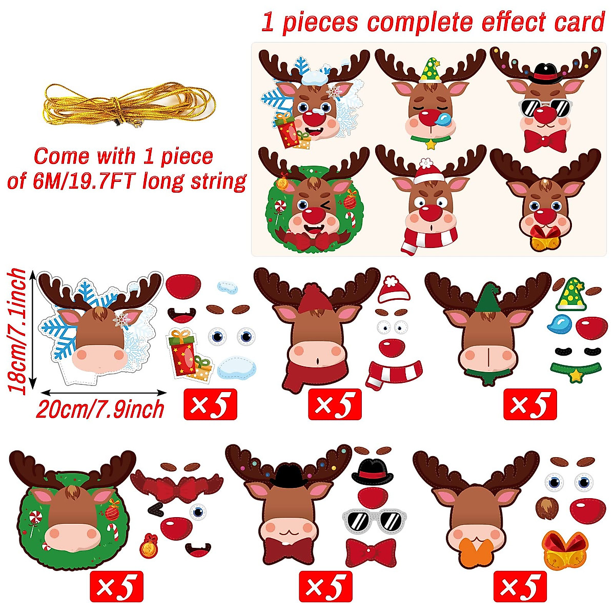 DIY Christmas Reindeer Tree Ornament Craft Kit for Kids Holiday Art Making Craft with Stickers, Make Your Own Xmas Reindeer Christmas Favor Decoration Home Classroom Party Game Activities