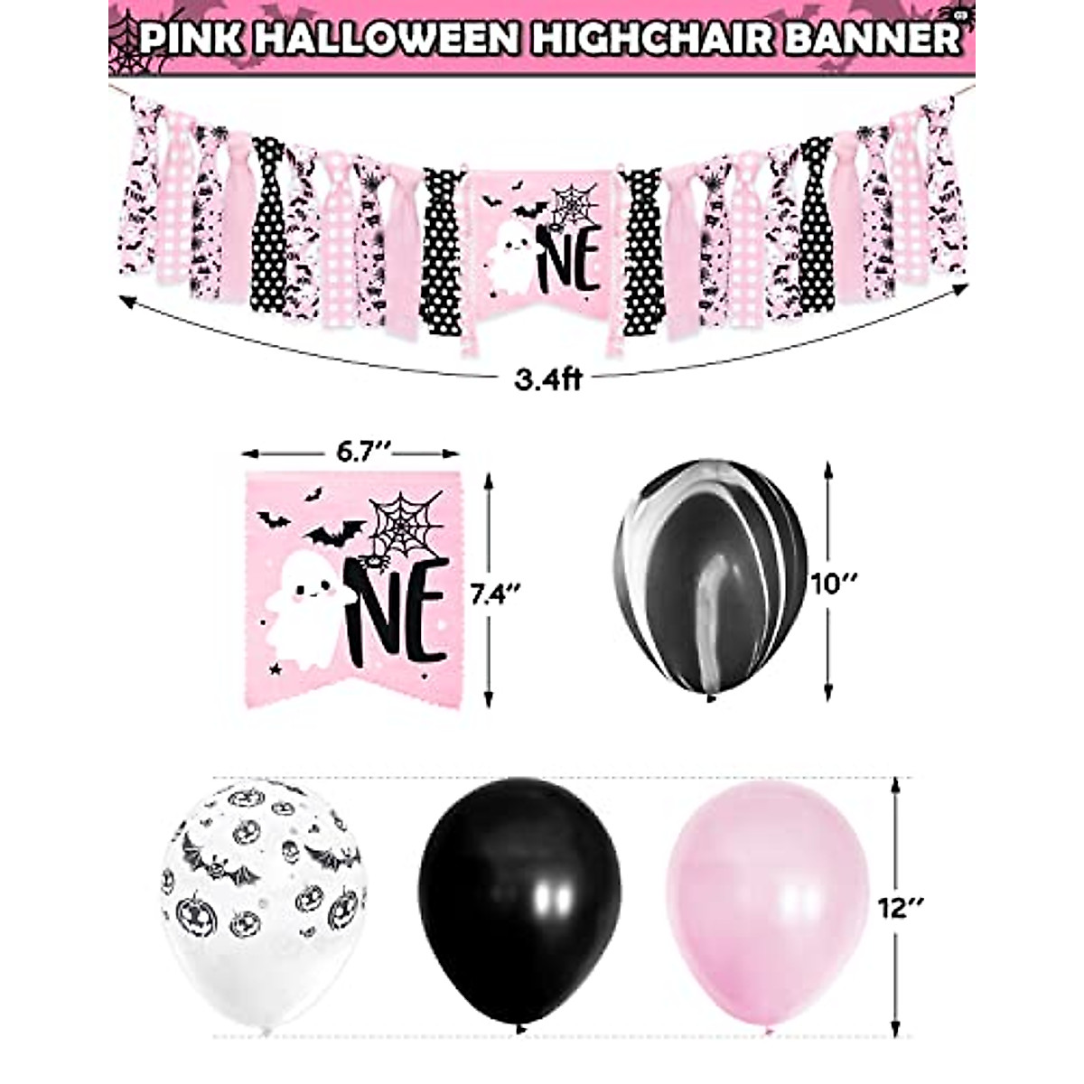 Pink Halloween 1st Birthday Party Decorations Spooky One High Chair Banner Boo Cake Topper Ghost Crown Hat White Black Bat Balloons for Baby Girl Souvenir Gifts Cake Smash Photo Prop Backdrop Supplies