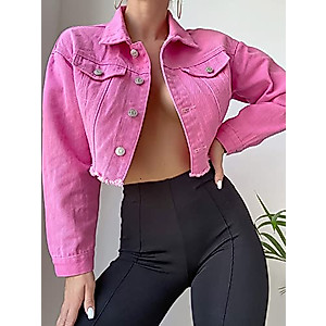 Floerns Women's Button Front Ripped Crop Denim Jacket Coat Pink M