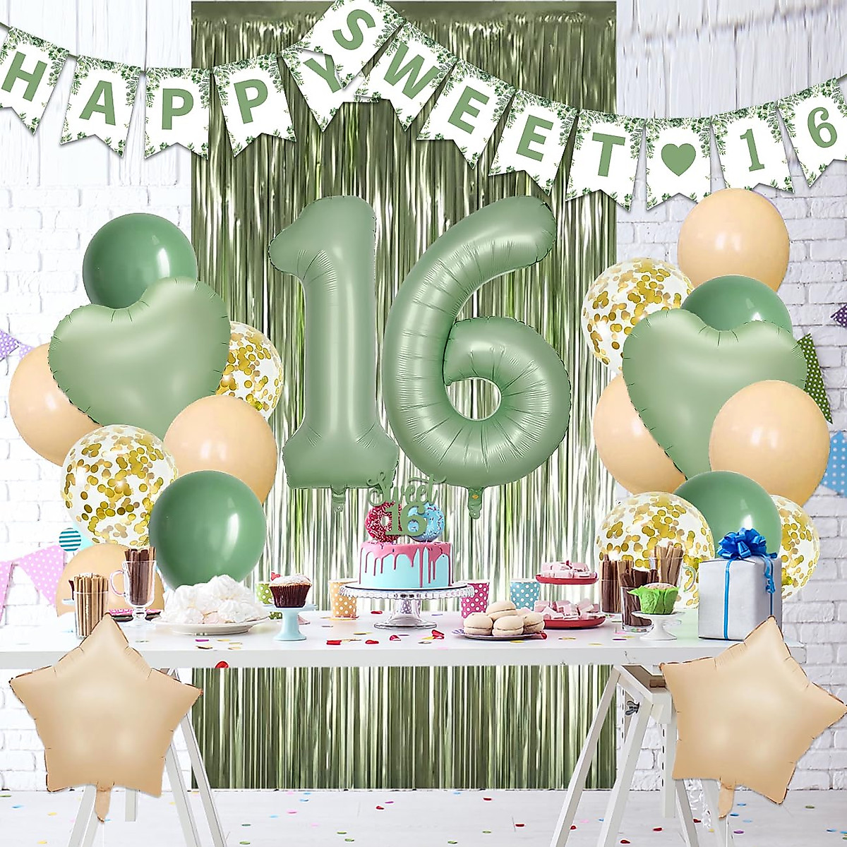 Sweet 16 Party Decorations, Sage Green 16th Birthday Decorations for Girls Sweet 16 Birthday Banner Green Balloons Kit for Her Birthday Party Supplies