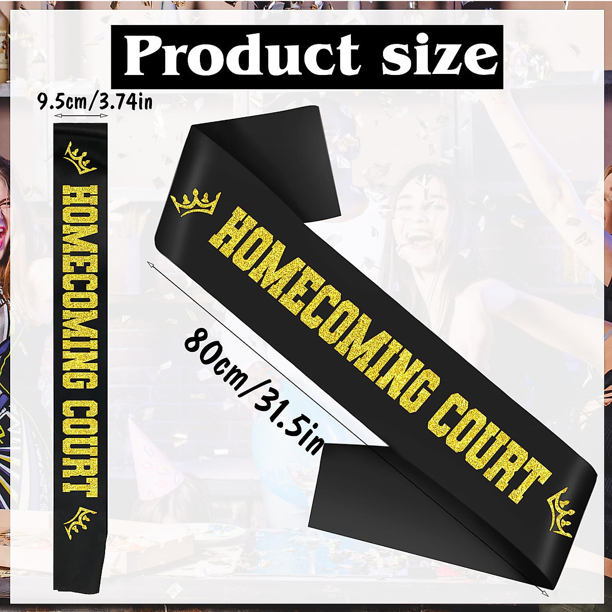 8 Pcs Homecoming Court Sashes with Gold Glitter, Black Homecoming Party Prom Sash for Pageants Homecoming Party School Dance Graduation Party Decorations Accessories (Black + Gold)