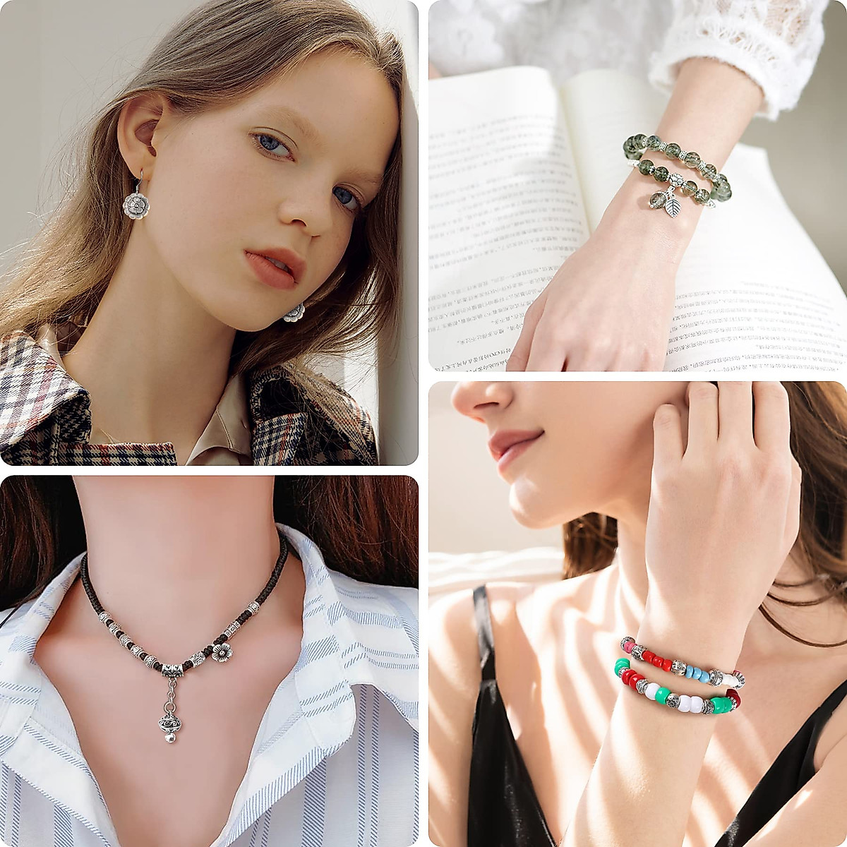 UPINS 300Pcs Silver Spacer Beads for Jewelry Making Bracelet Necklace Crafts Silver Beads Metal Alloy Beads Loose Spacer Beads with Radom Styles for DIY