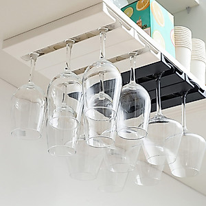 MEUMITY 2 PCS Under Cabinet Punch-free Plastic Wine Glass Holder,No Drilling Stemware Rack Glasses Storage Hanger Hanging Stemware Rack for Bar Cabinet Kitchen,White