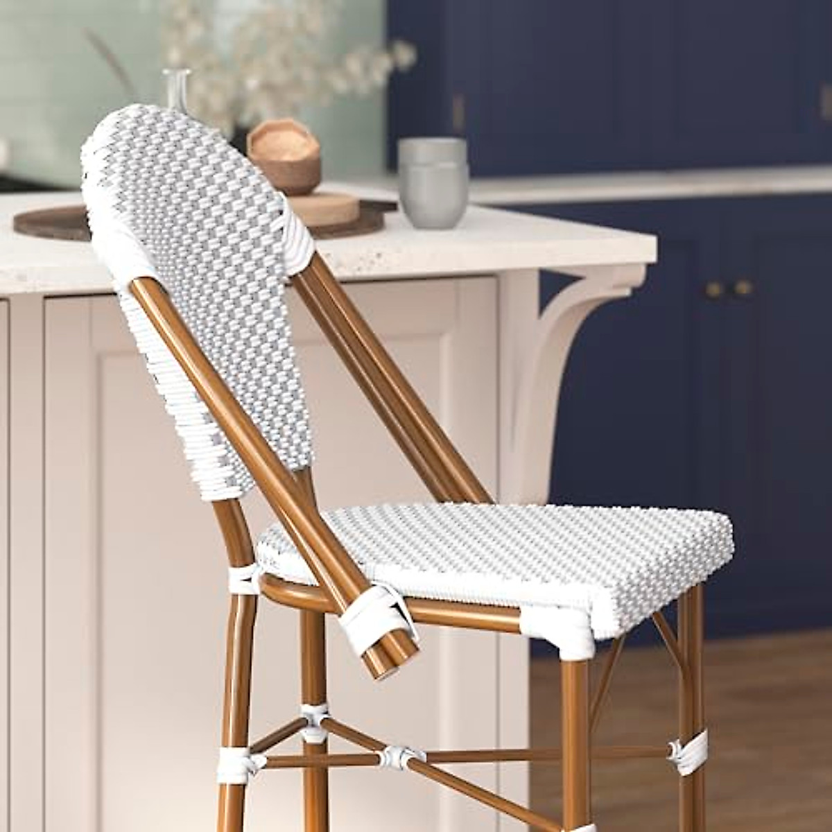 Flash Furniture Lourdes Commercial Grade Bistro Bar Height Stool, Stackable Indoor/Outdoor Dining Stool, 30" High, White/Gray and Bamboo Finish, Set of 2