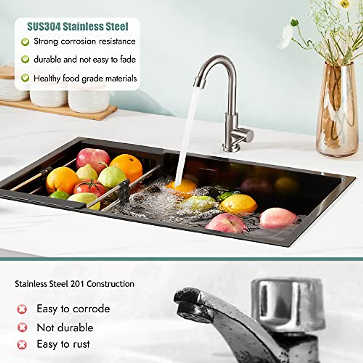Cold Water Only Kitchen Faucet Brushed Nickel Single Handle 1 Hole 360 Degree Swivel Spout Deck Mount High Arc SUS304 Stainless Steel Sink Bar Tap Goose Neck with Hose(Drain Not Included)