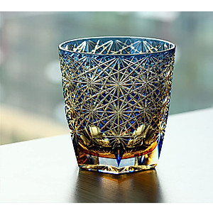 JEMQ Edo Kiriko Color Hand Cut Crystal Glass Tumbler Whisky Gass 9 Oz Glassware with Luxury Gift Box, Suitable for Cocktail Whisky Drink Red Wine Vodka (Blue)