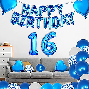 yujiaonly 16TH Birthday Party Decorations Blue Happy Birthday Foil Balloons Blue Number 16 Happy birthday Sash Cake Topper Latex and Confetti Balloons Blue original garland Banner Number 16 Blue