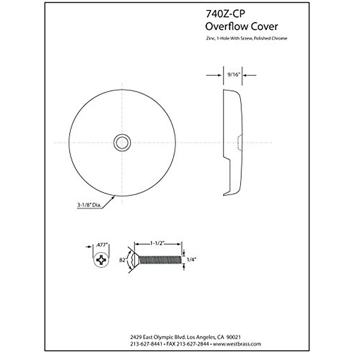 Westbrass 740Z-CP 3-1/8" One Bathtub Overflow Faceplate and Screw, 1-hole/ 1-Pack, Polished Chrome