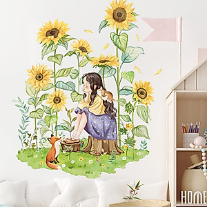 Sunflower and Girl Wall Decals Garden Flower Wall Stickers Bedroom Living Room TV Wall Art Decor Murals 29 in X 33 in (Sunflower and Girl)