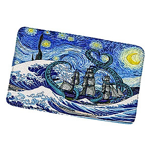 Octopus Tentacle Bath Mats Kraken Japanese Waves Starry Sky Marine Life Bathroom Rugs Beach Soft Absorbent Flannel Shower Floor Carpet Non-Slip Backing 18x30 Inch
