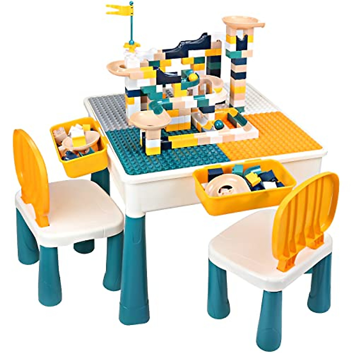 GobiDex All-in-One Kids Table and Chairs Set with 100PCS Marble Run Kids Building Blocks Toys for Kids Ages 3-5 Preschool Classroom Must Haves Multi Activity Water Table for Toddlers 1-3