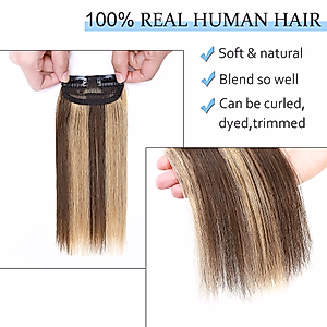 SEGO 2 Pcs Short Hair Extensions Clip in Human Hair 6 Inch 20g Hairpiece Human Hair Toppers for Women With Thinning Hair Adding Hair Volume -#4P27 Medium Brown&Dark Blonde
