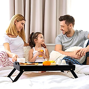 Kochorie 2 Packs Bed Tray Table Bamboo Breakfast Tray with Folding Legs Kids Serving Platters Tray Lap Desk Snack Tray for Bed Sofa Eating Working (15.8 x 11 x 6.9 Inches, Black)
